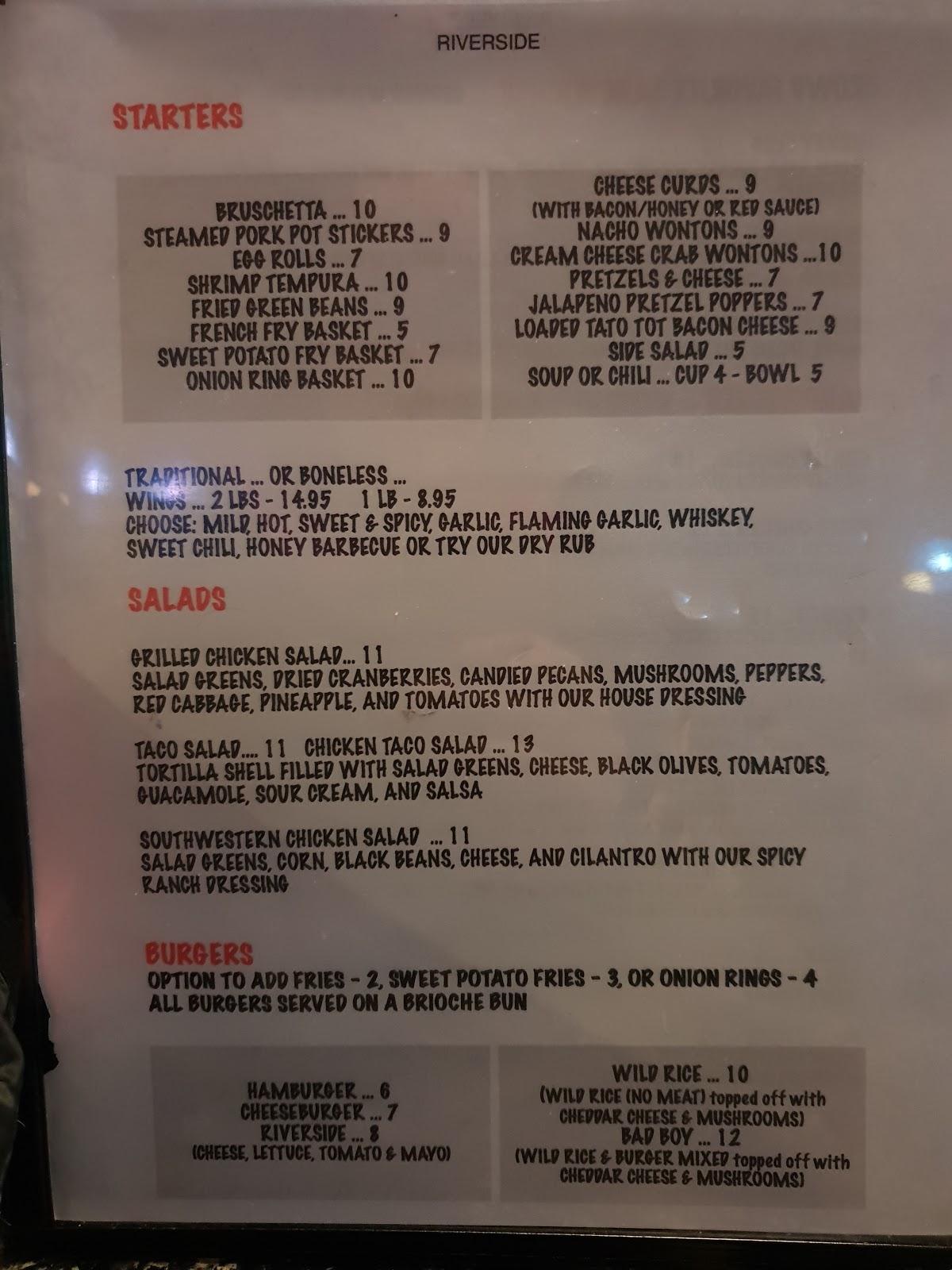 Menu at Riverside Inn restaurant, Side Lake