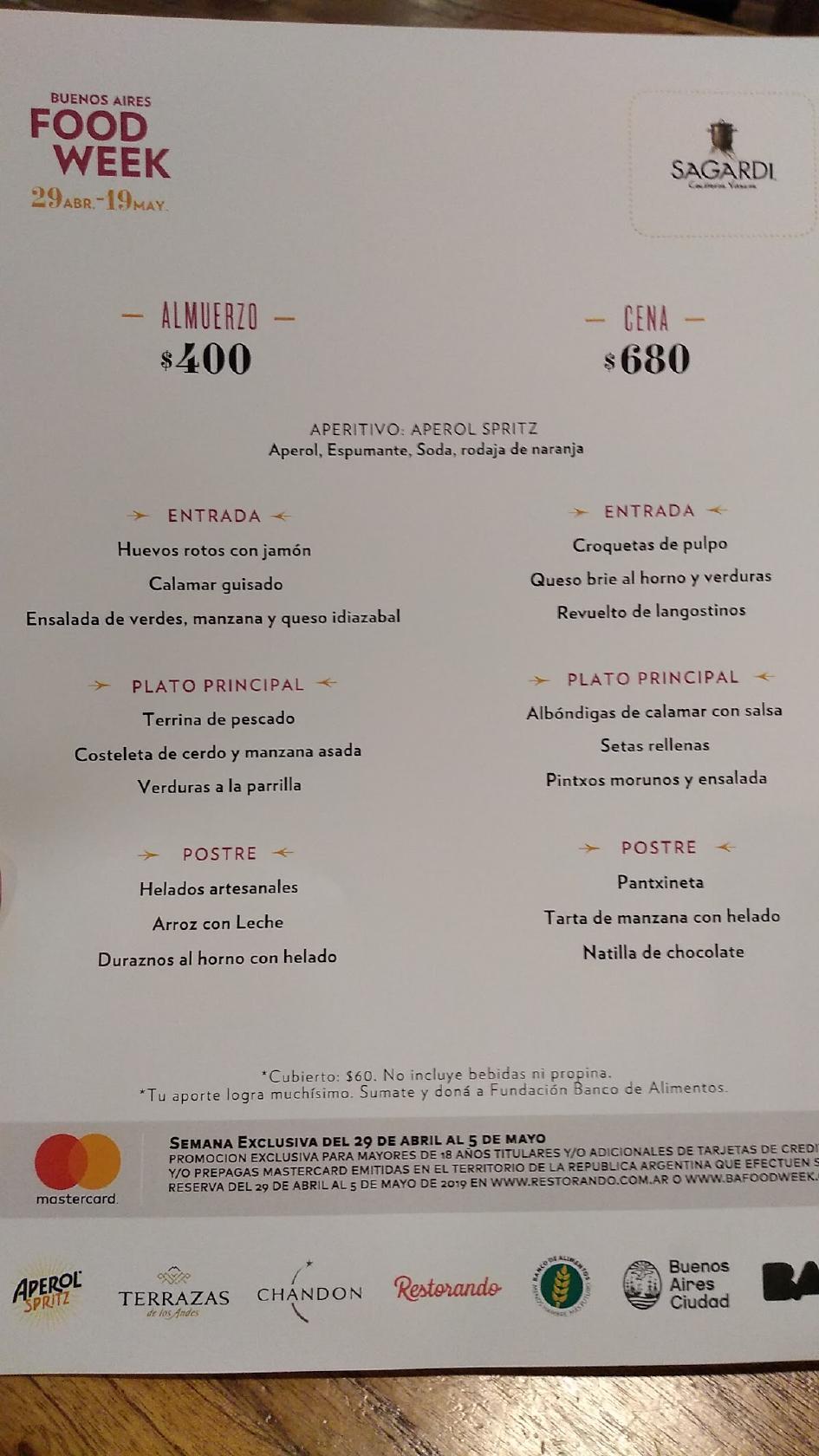 Carta del pub y bar Sagardi Argentina, Buenos Aires
