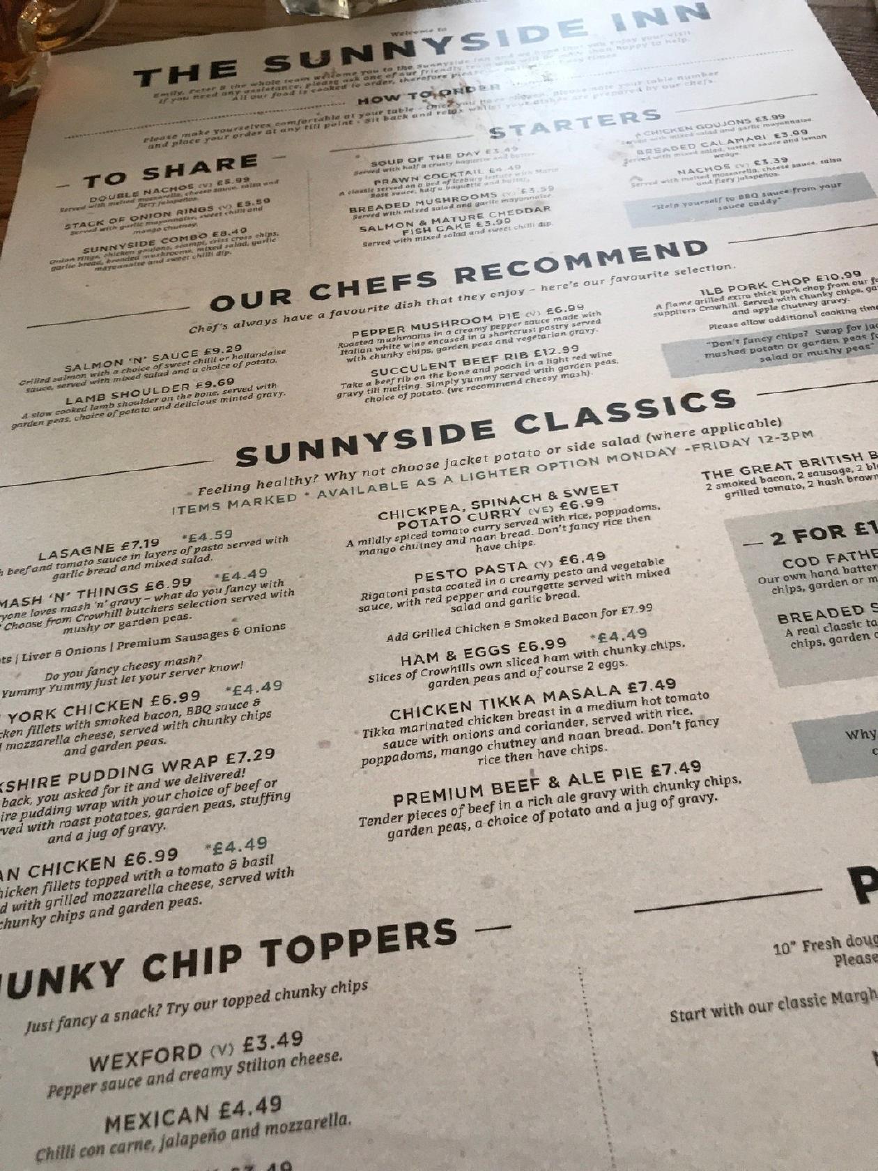 Menu at The Sunnyside Inn pub & bar, Nuneaton