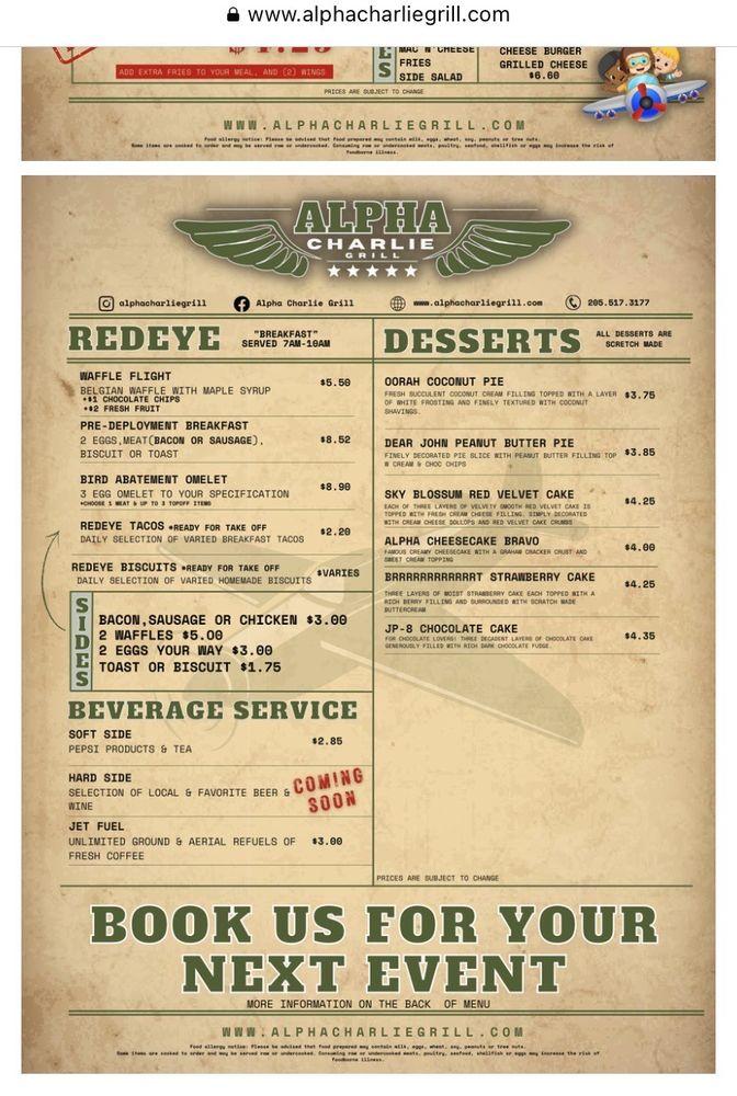 Menu at Alpha Charlie Grill cafe, Birmingham, E Lake Blvd