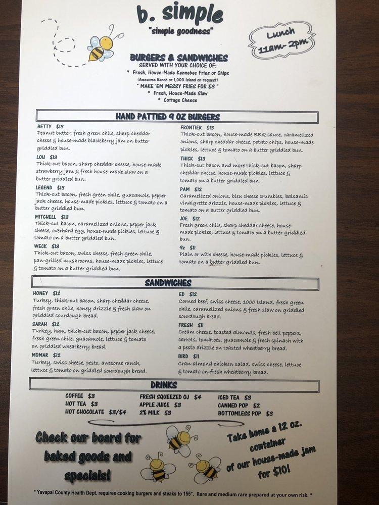 Menu at b. simple restaurant, Prescott