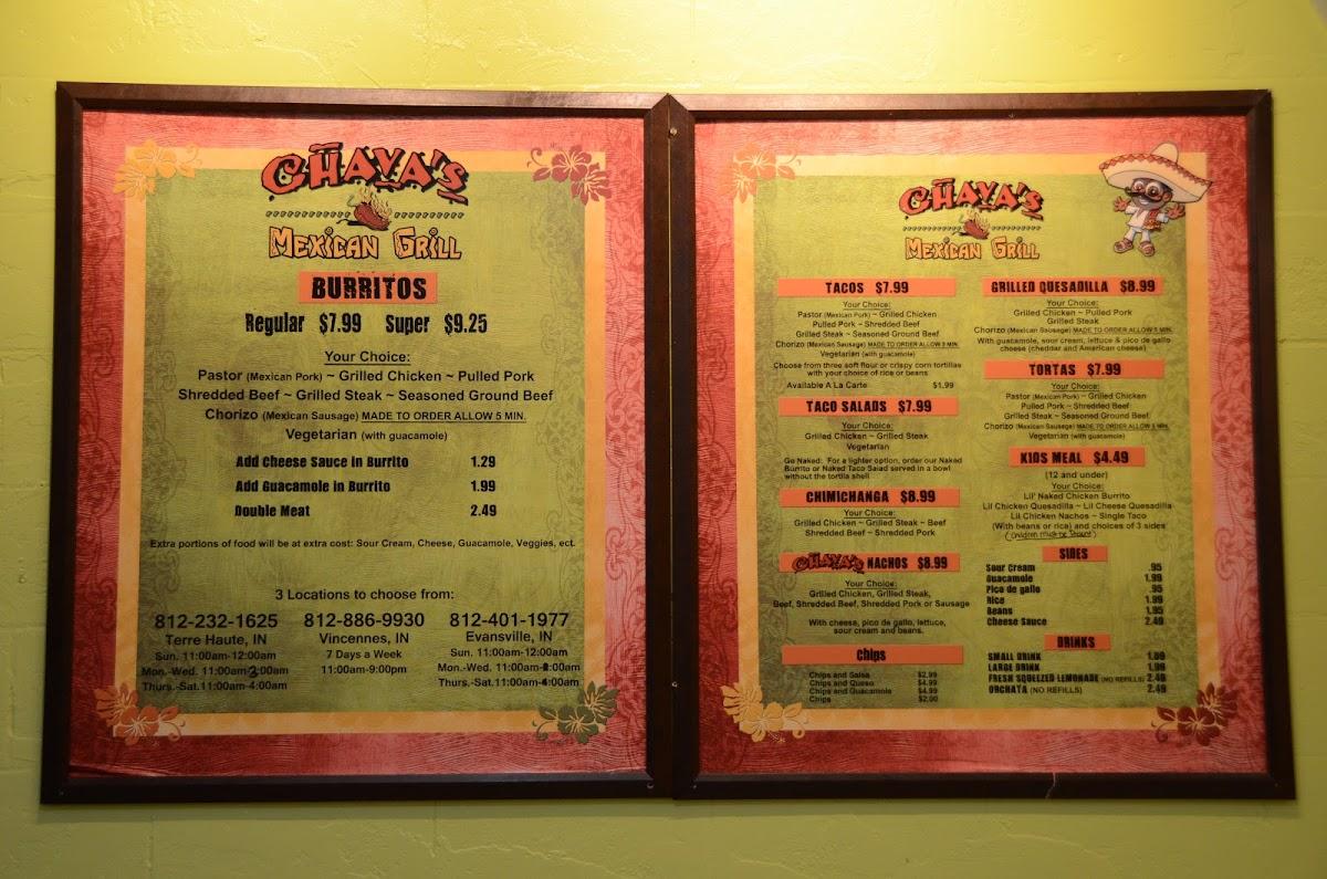 Menu at Chava’s Mexican Grill restaurant, Terre Haute