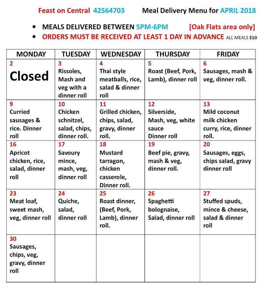 Menu at Feast on Central fast food, Oak Flats