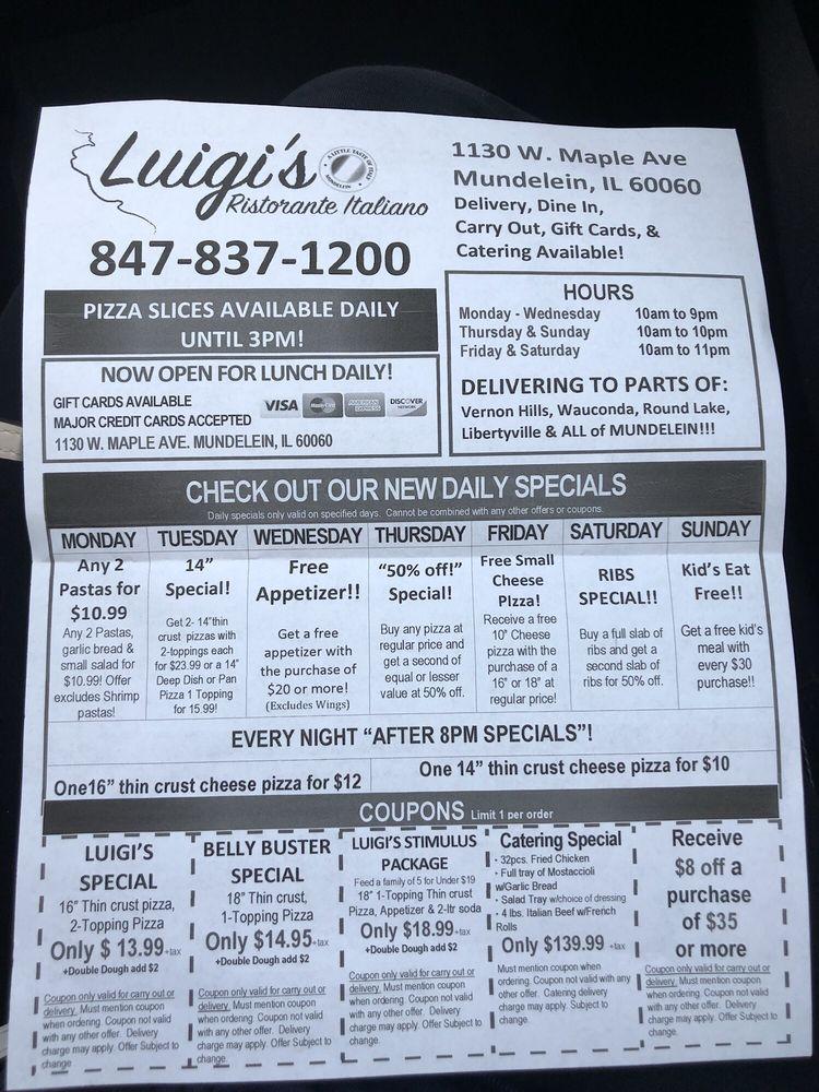 Menu at Luigi's pizzeria, Mundelein