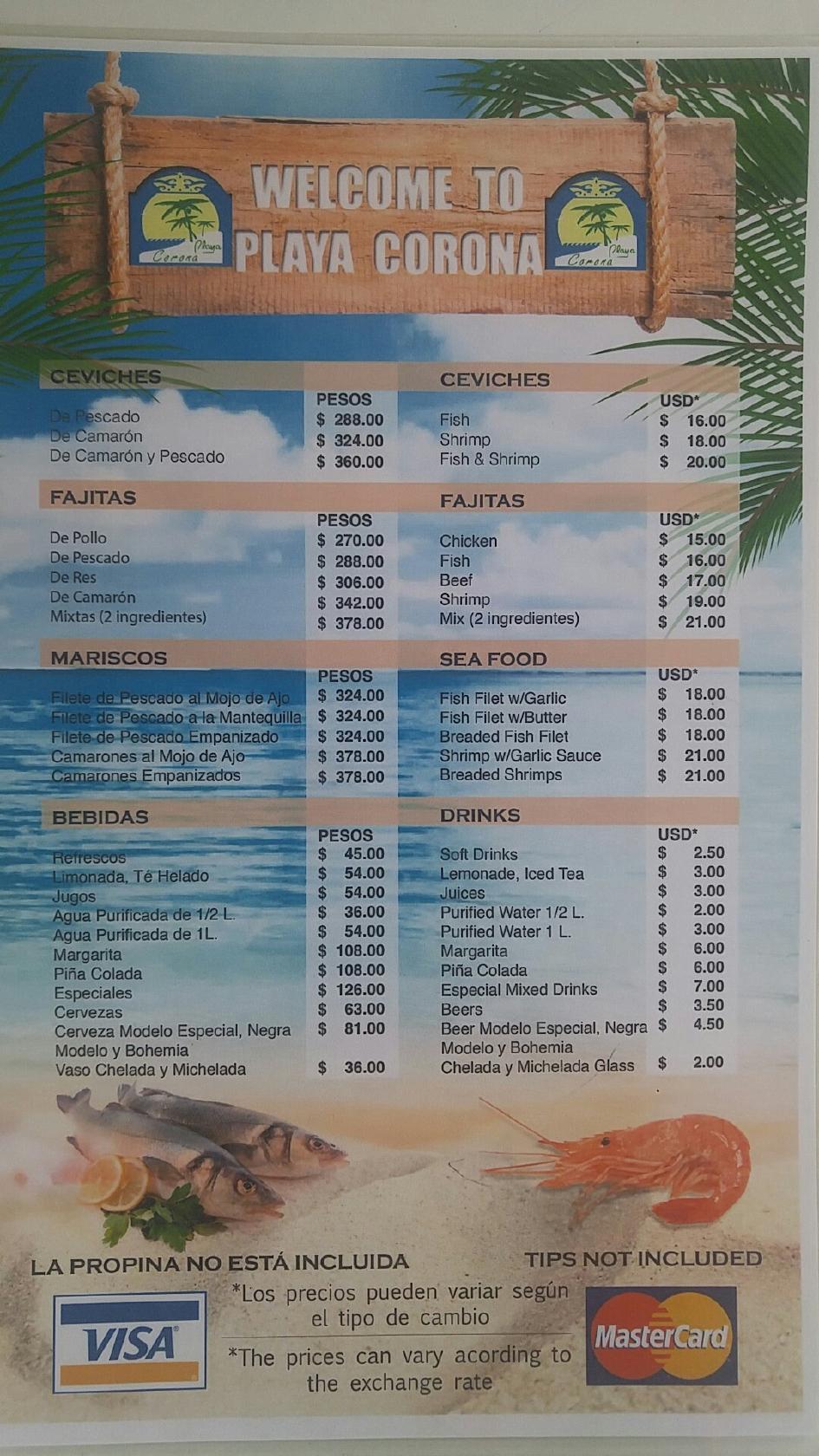 Menu at Playa Corona restaurant, San Miguel de Cozumel