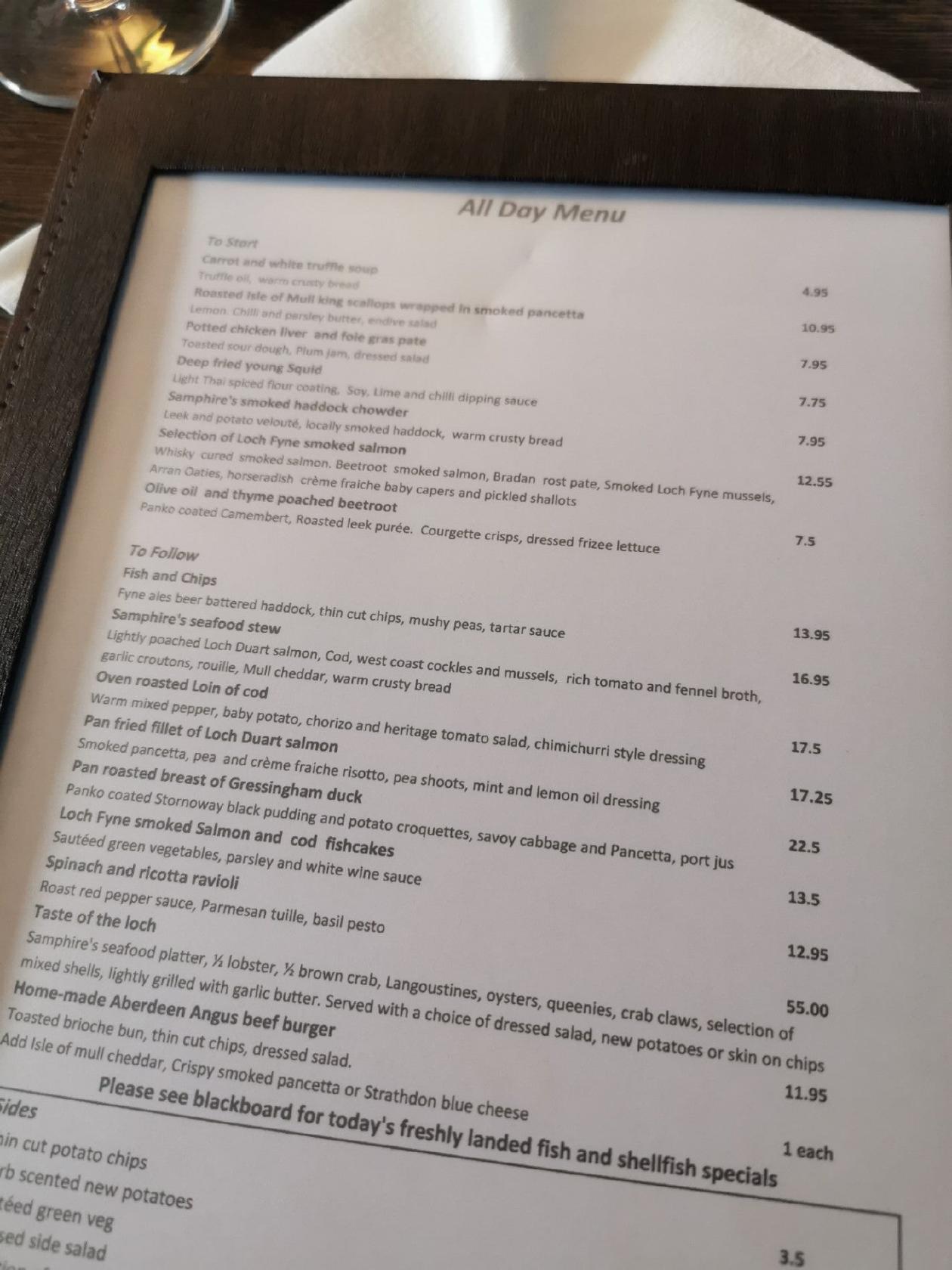Menu at Samphire restaurant, Inveraray
