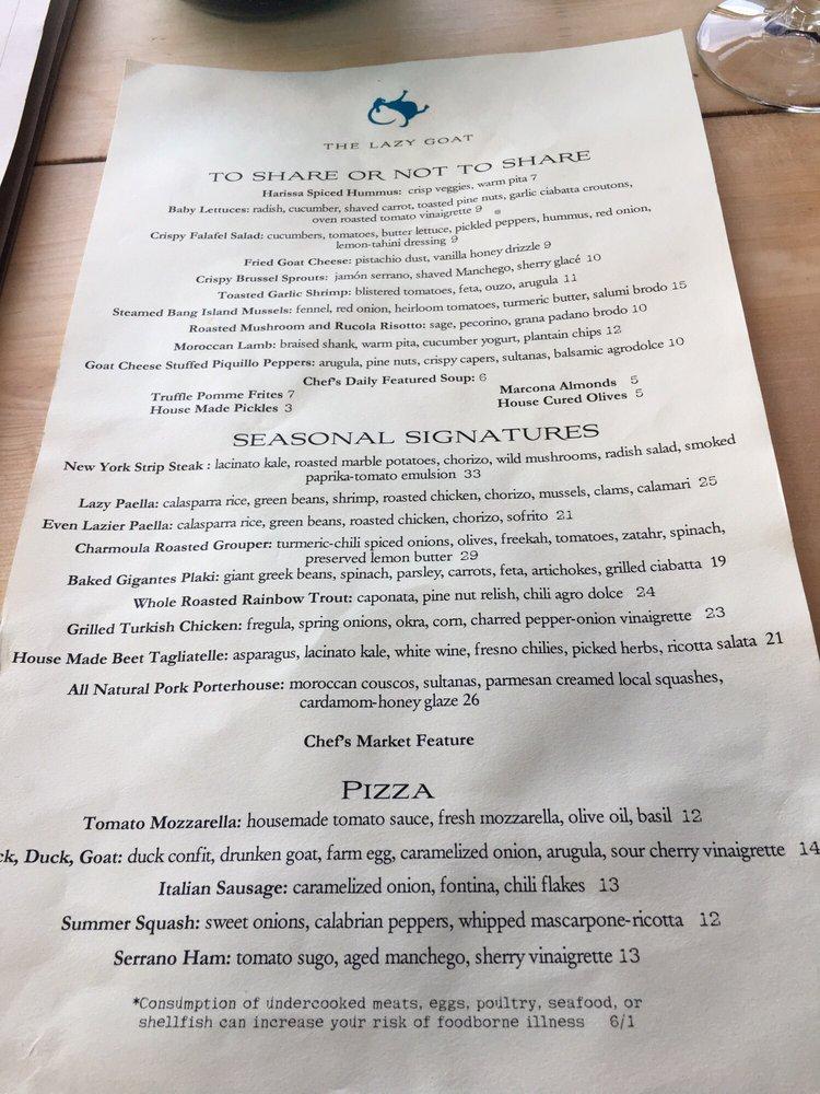 Menu at The Lazy Goat restaurant, Greenville, 170 Riverplace