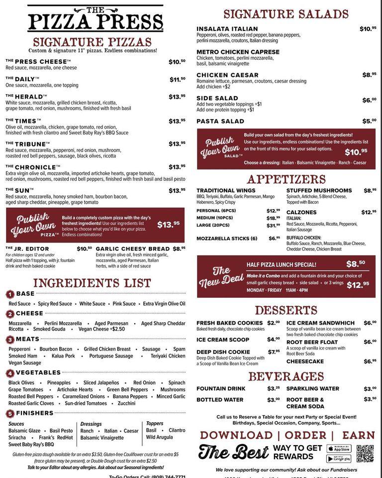 Menu at The Pizza Press pizzeria, Pearl City, Kamehameha Hwy Suite 233 ...