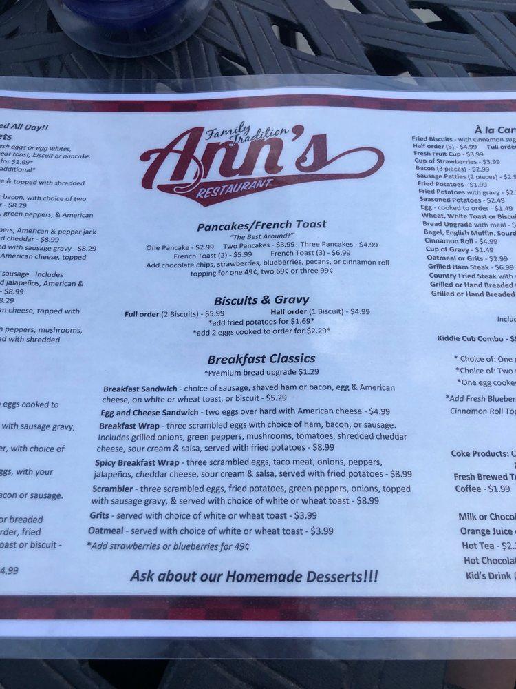 Menu at Ann's Restaurant, Franklin