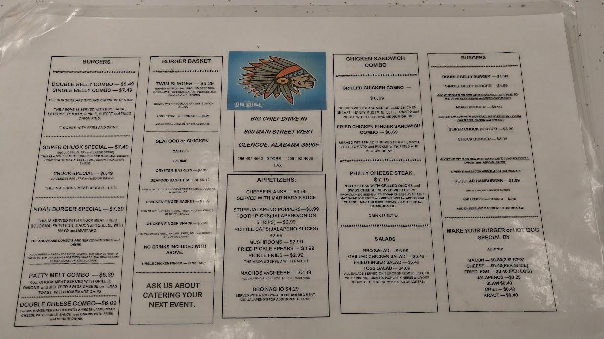 Menu at Big Chief Drive-In fast food, Glencoe
