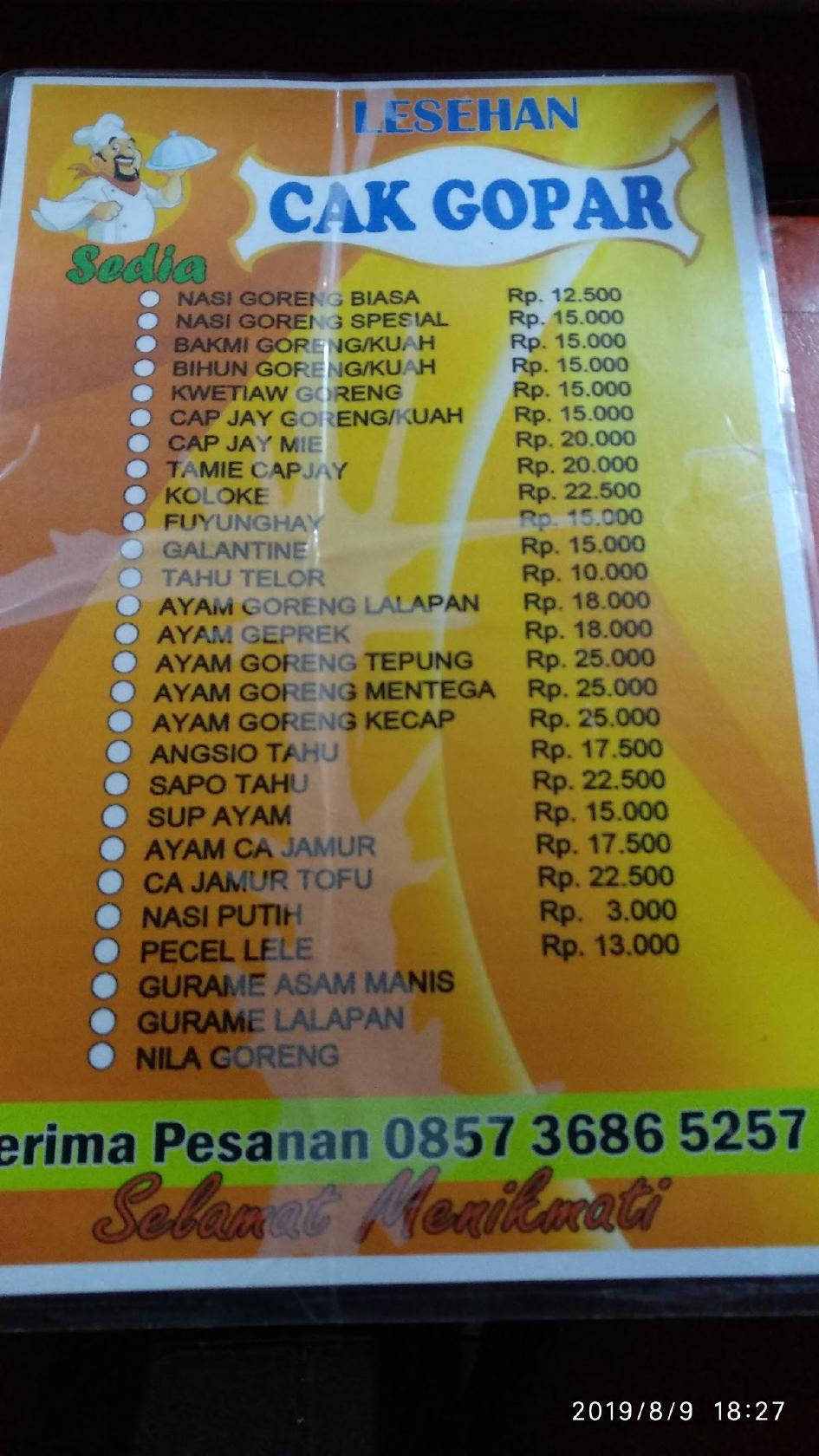 Menu at Cak GOPAR Ex Kintamani Resto restaurant, Sarangan