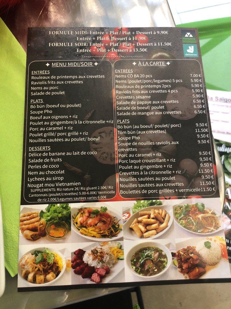 Menu at Cô Ba Saigon restaurant, Paris