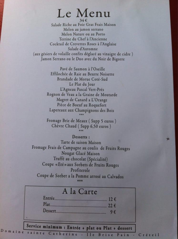 Menu au Domaine Sainte Catherine restaurant, Créteil, 22 Allée Centrale