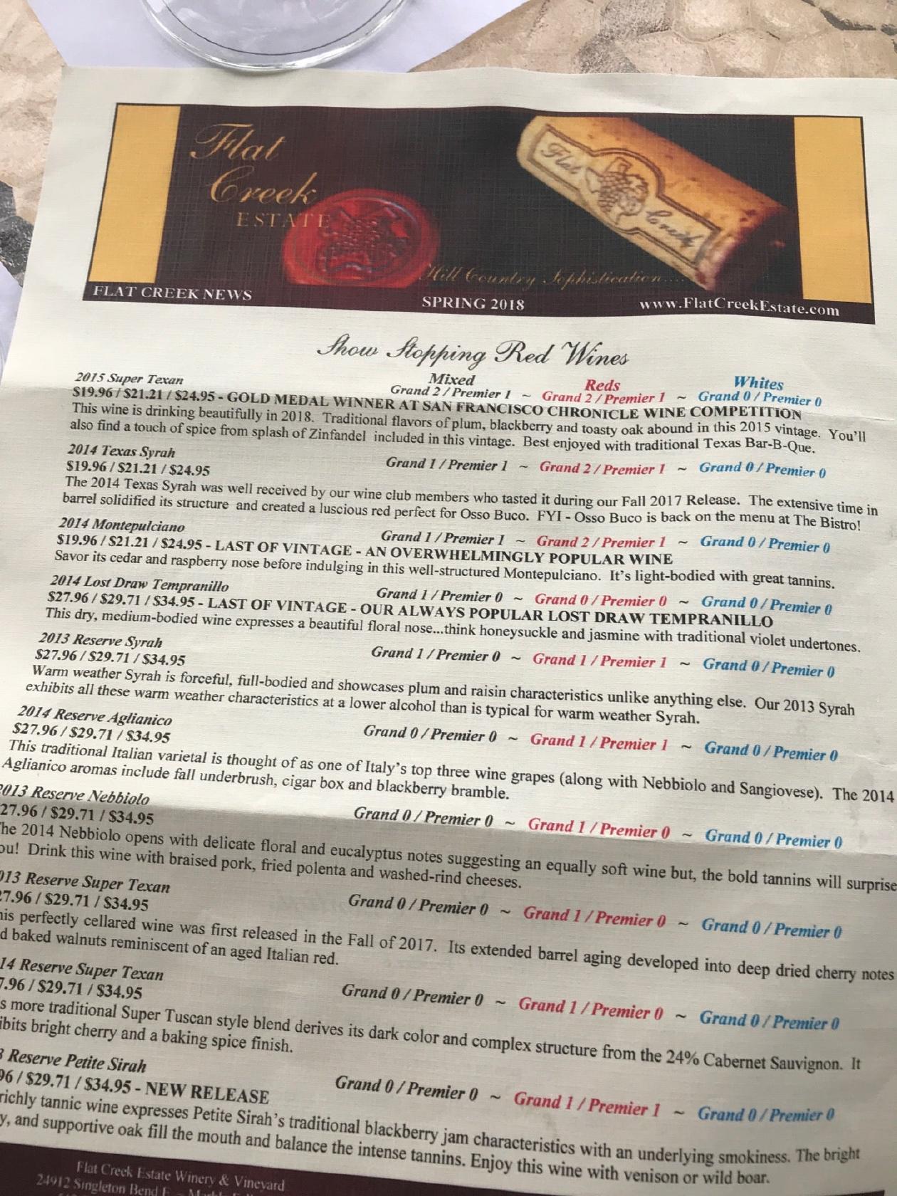 Menu at Flat Creek Estate Winery & Vineyard pizzeria, USA