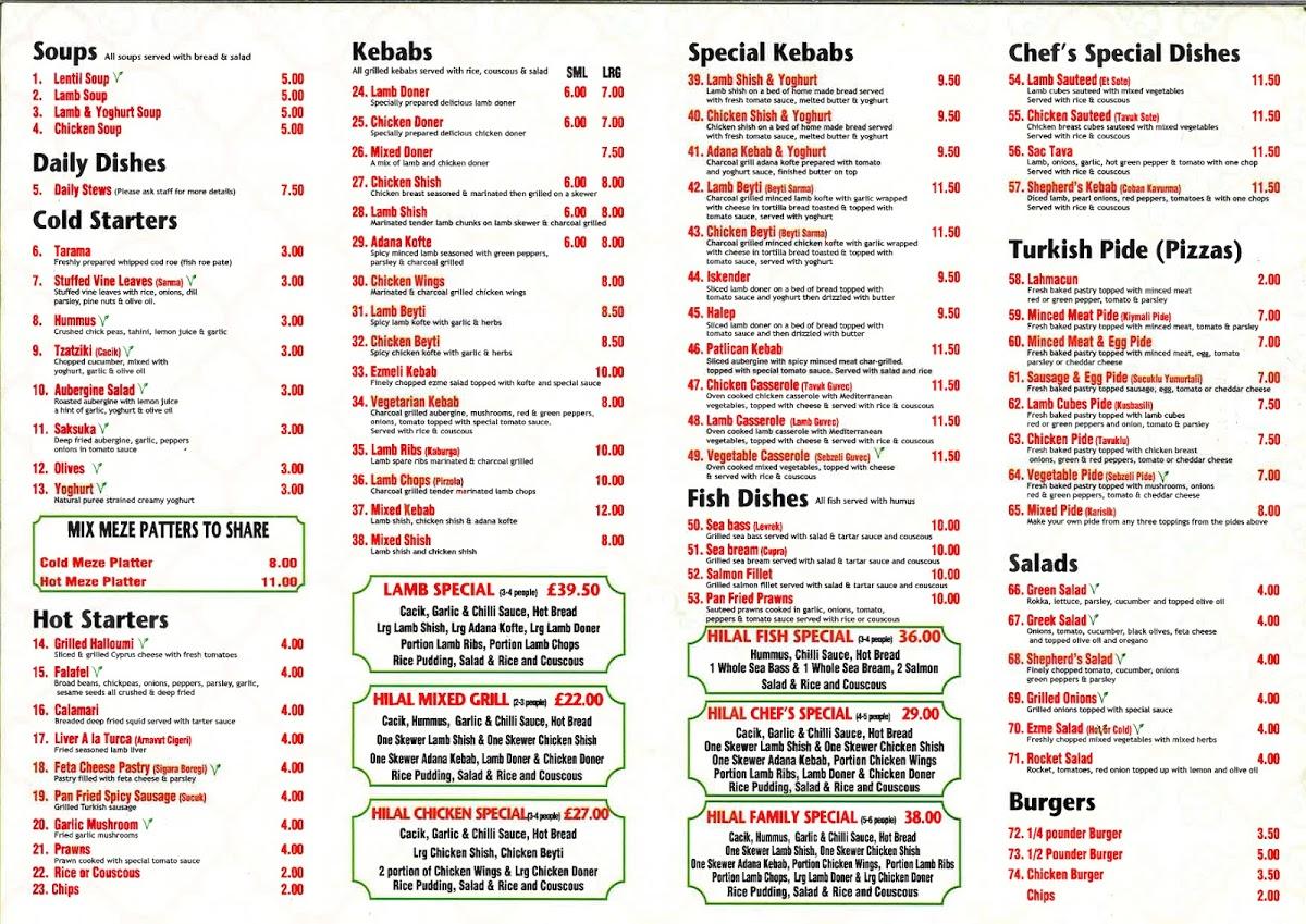 Menu at Hilal Restaurant, London