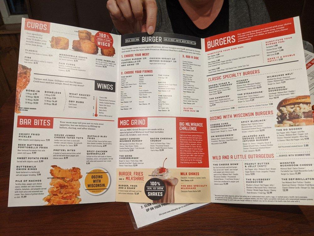 Menu at Milwaukee Burger Company restaurant, Hudson