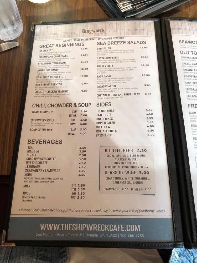 Menu at Shipwreck Cafe, Olympia