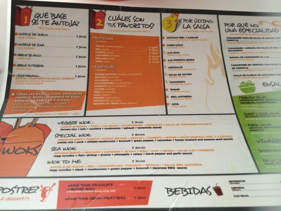 Menu at WOK To Me restaurant, Playa del Carmen, 28 Norte