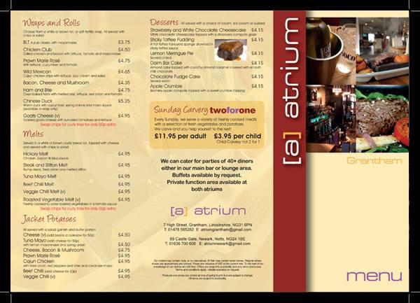 Menu at Atrium pub & bar, Grantham