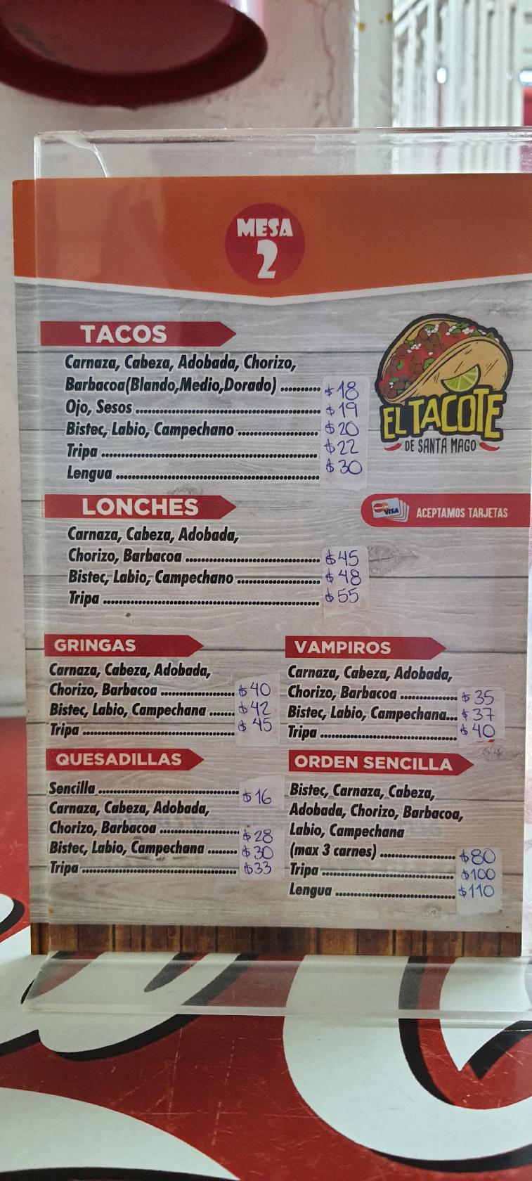 Carta del restaurante El Tacote, Zapopan, Sta. Esther 149