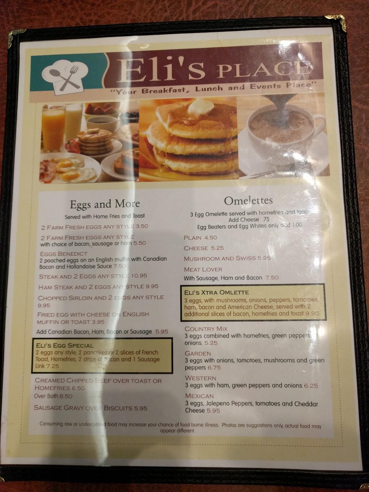 Menu at Eli's Place restaurant, Leacock-Leola-Bareville