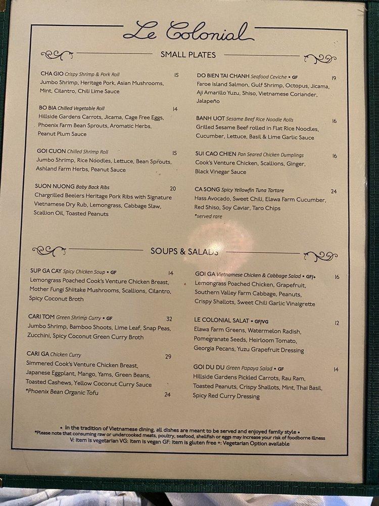 Menu at Le Colonial Lake Forest restaurant, Lake Forest