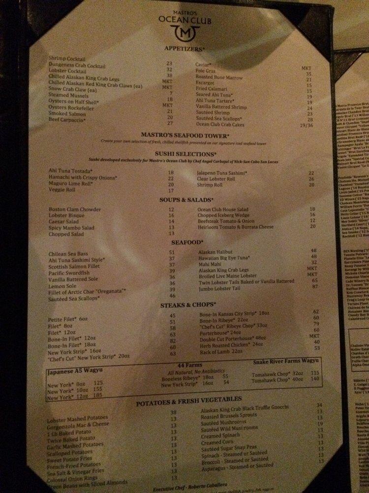 Menu at Mastro's Ocean Club, Scottsdale