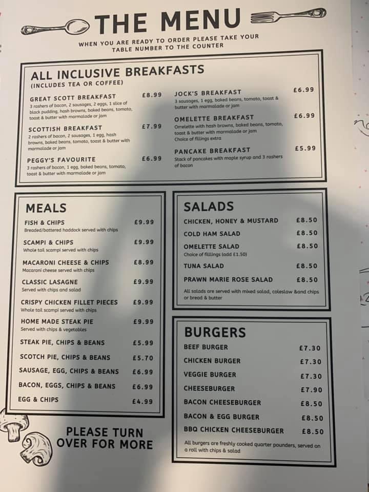 Menu at Peggy Scott's Restaurant, Finavon