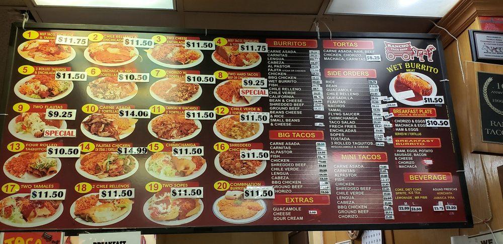 Menu at Rancho Taco Shop restaurant, Norco