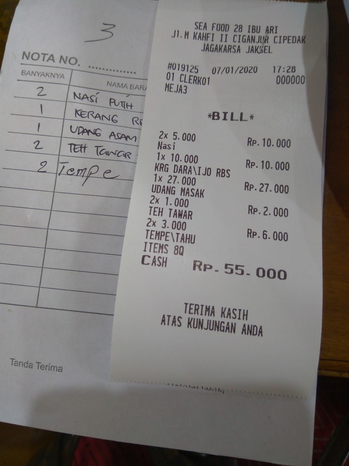 Menu at Sea Food 28 Ibu Ari Ciganjur restaurant, South Jakarta