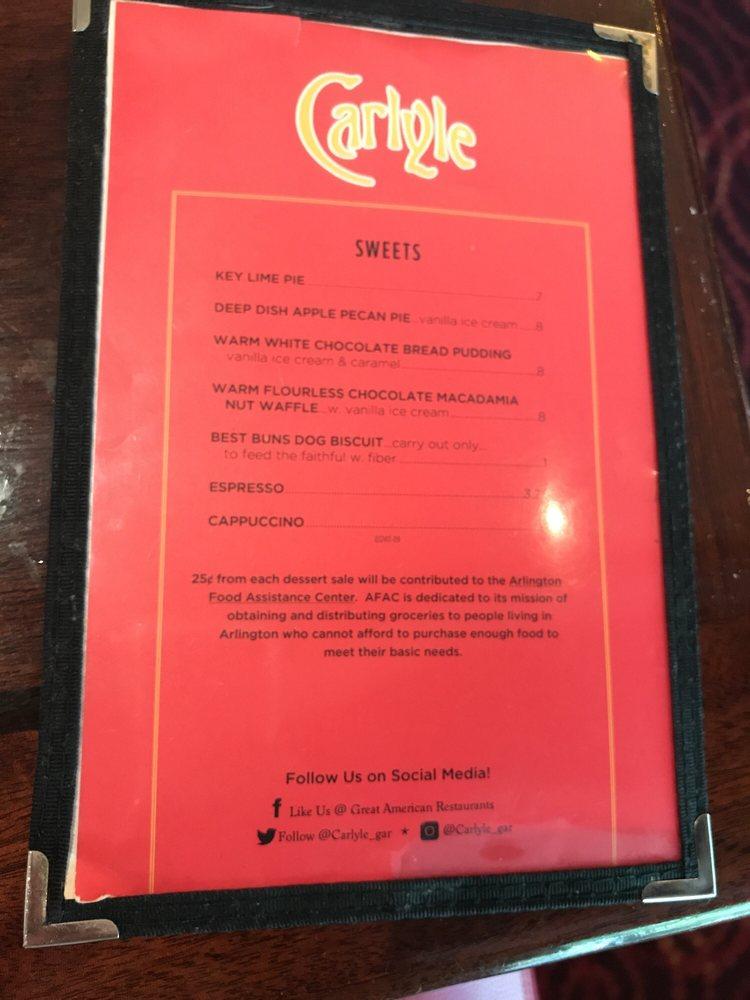 Menu at Carlyle restaurant, Arlington