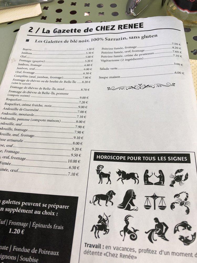 Menu at Chez Renée restaurant, Bangor