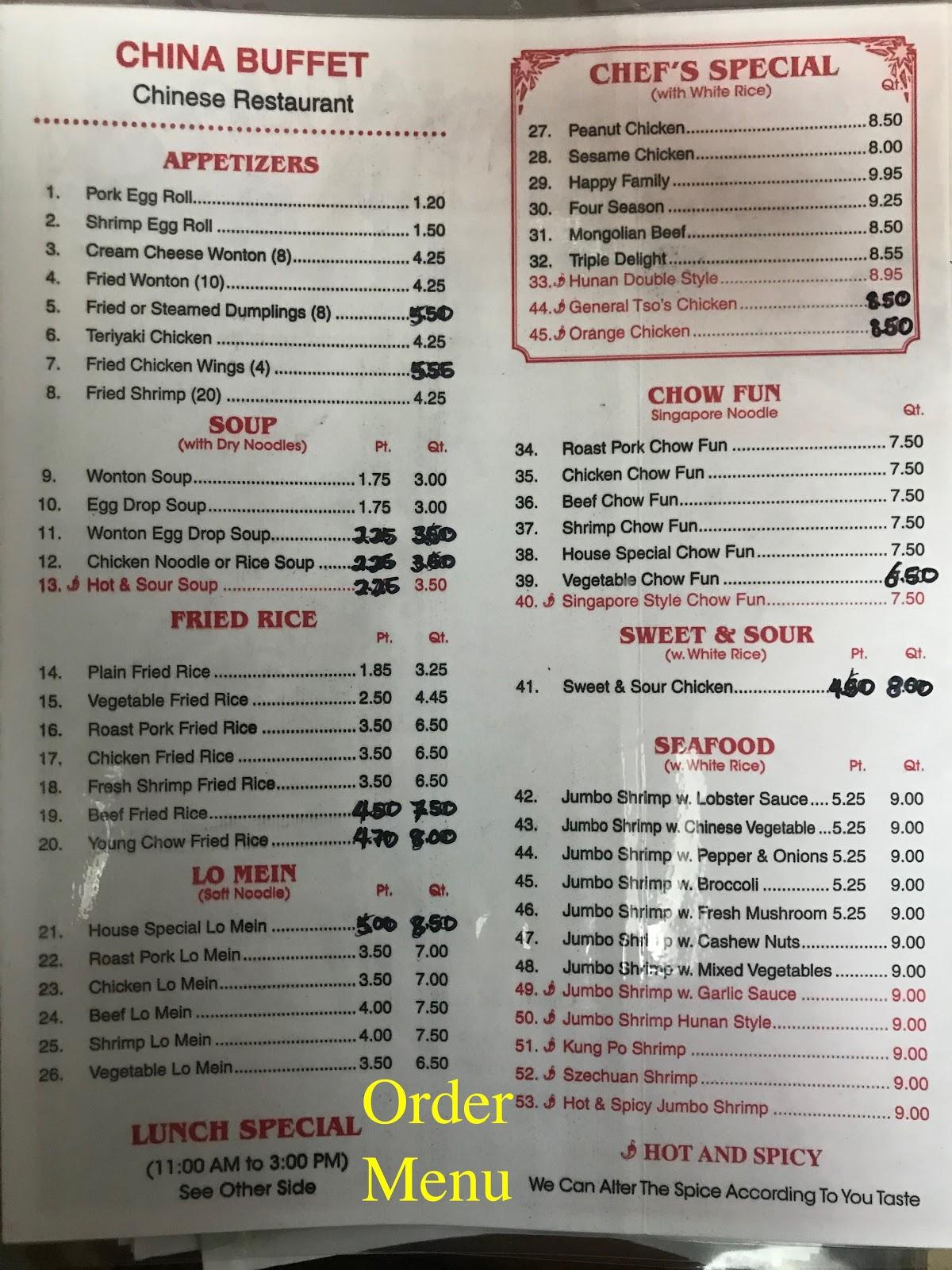 Menu at China Buffet restaurant, LaFayette, N Main St