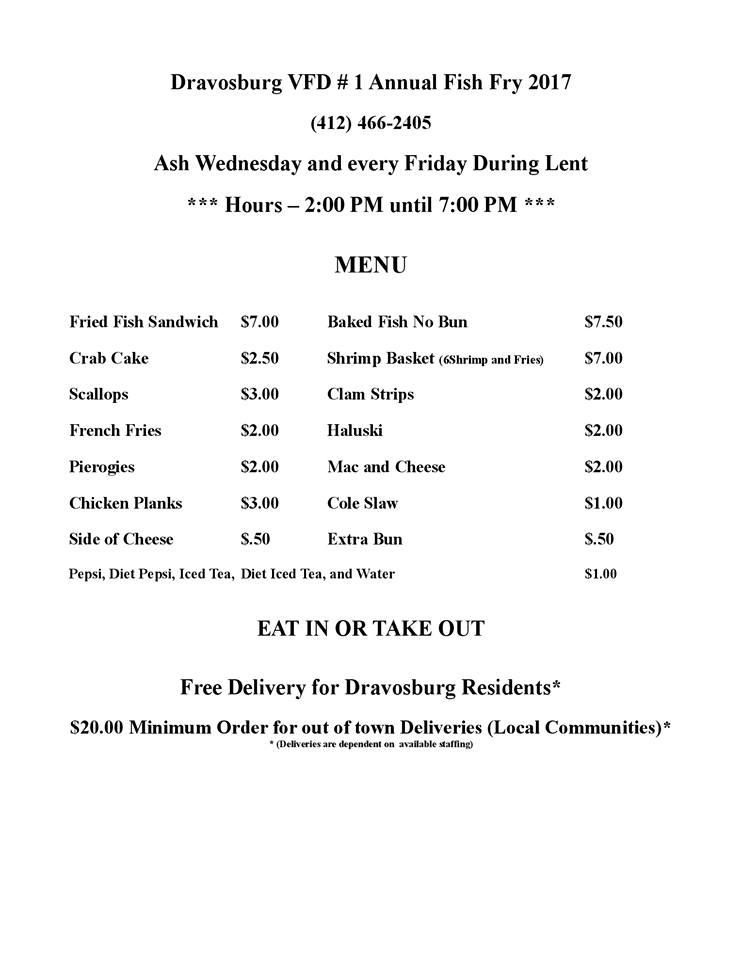 Menu at Dravosburg VFD Fish Fry restaurant, Dravosburg