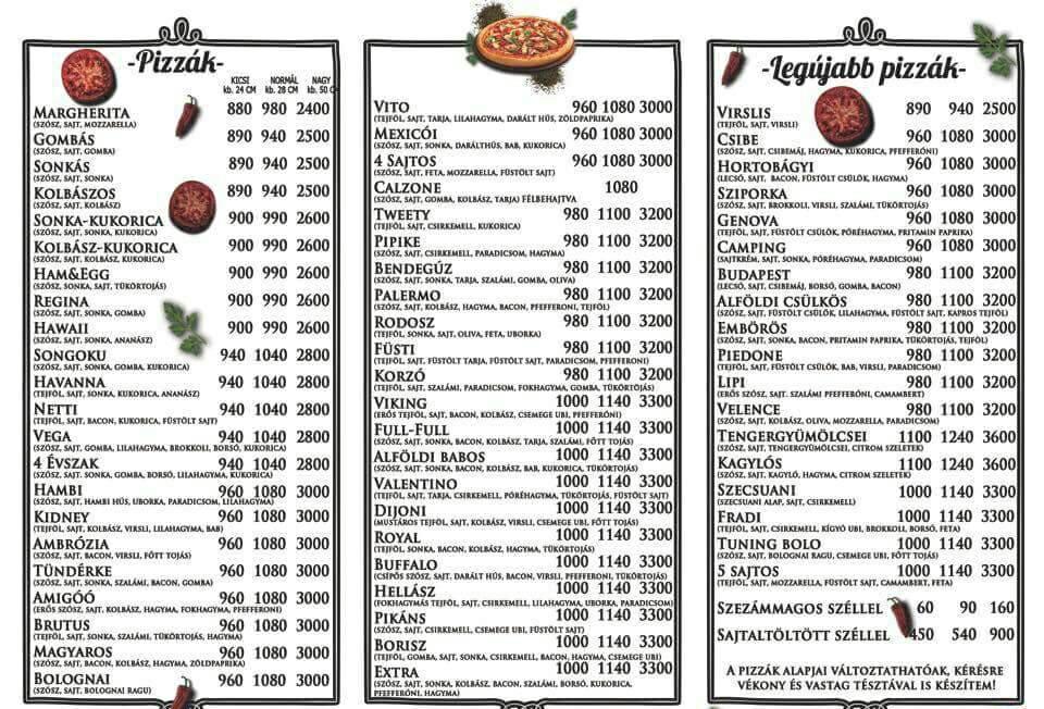 Menu at Margherita Pizzeria, Mezőhegyes