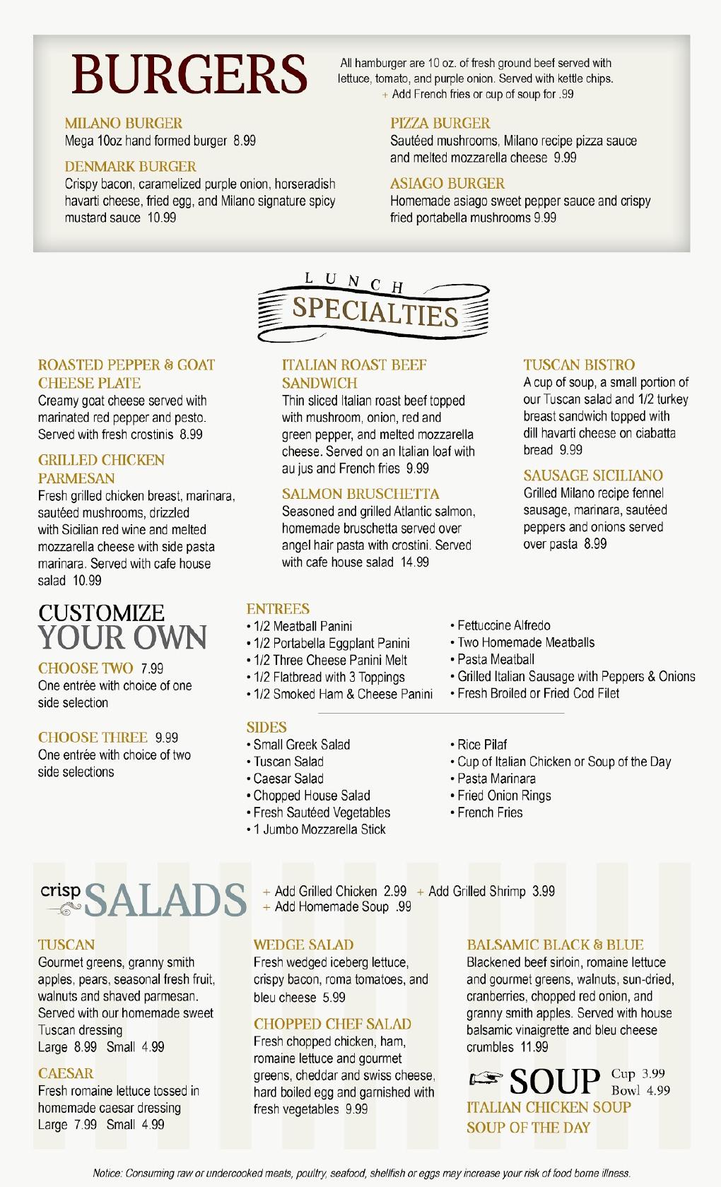 Menu at Milano Café restaurant, Lima