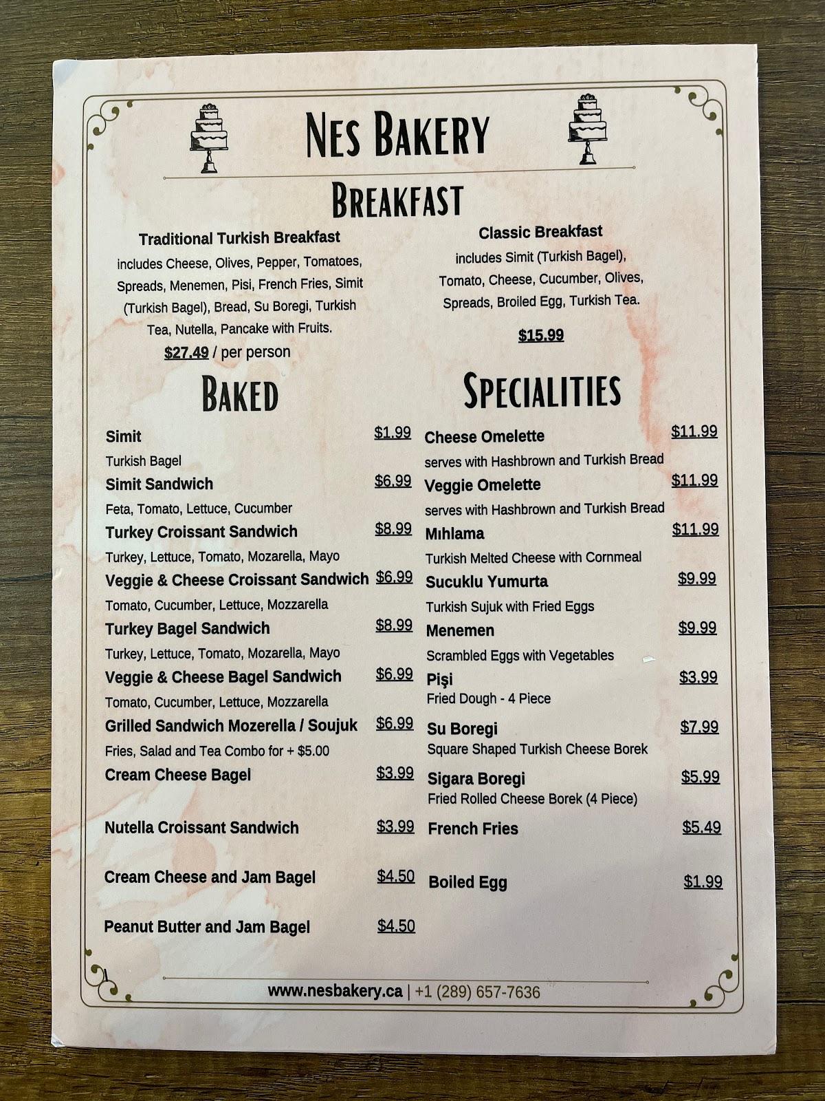 Menu at Nes Bakery, Toronto