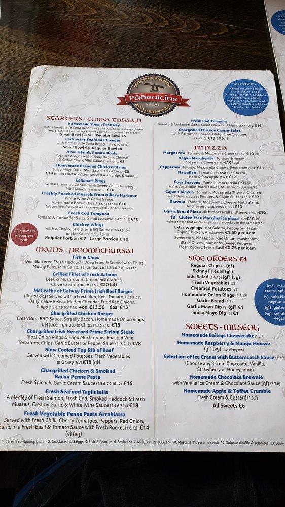 Menu at Pádraicíns Seafood Bar & Restaurant, Furbogh, Furbo Beach