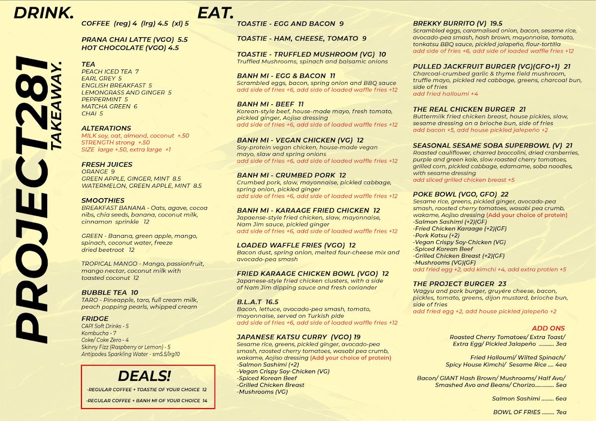Menu at Project 281 Coffee Roasters cafe, Brunswick