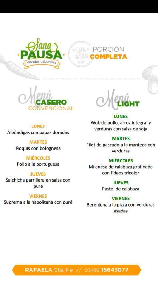Menu at Sana pausa restaurant, Rafaela