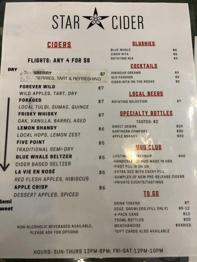 Menu at Star Cider pub & bar, Canandaigua