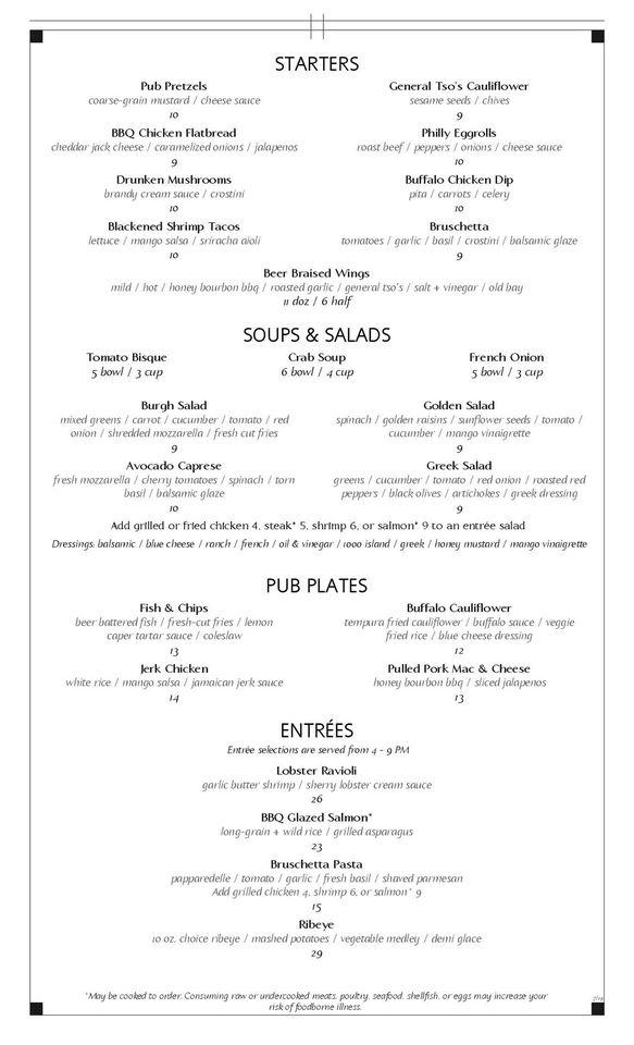 Menu at US Hotel Tavern restaurant, Hollidaysburg