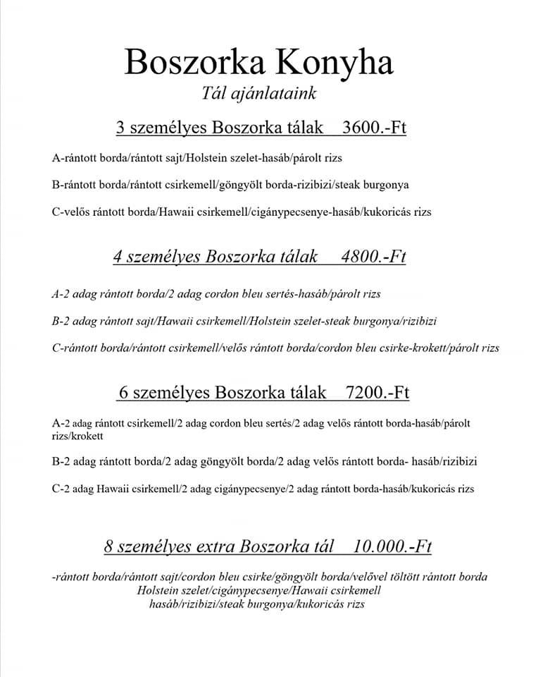 Menu at Boszorka Konyha restaurant, Győr