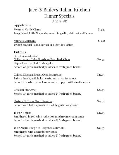 Menu at Jace & Bailey's Italian Kitchen restaurant, Pine Bush
