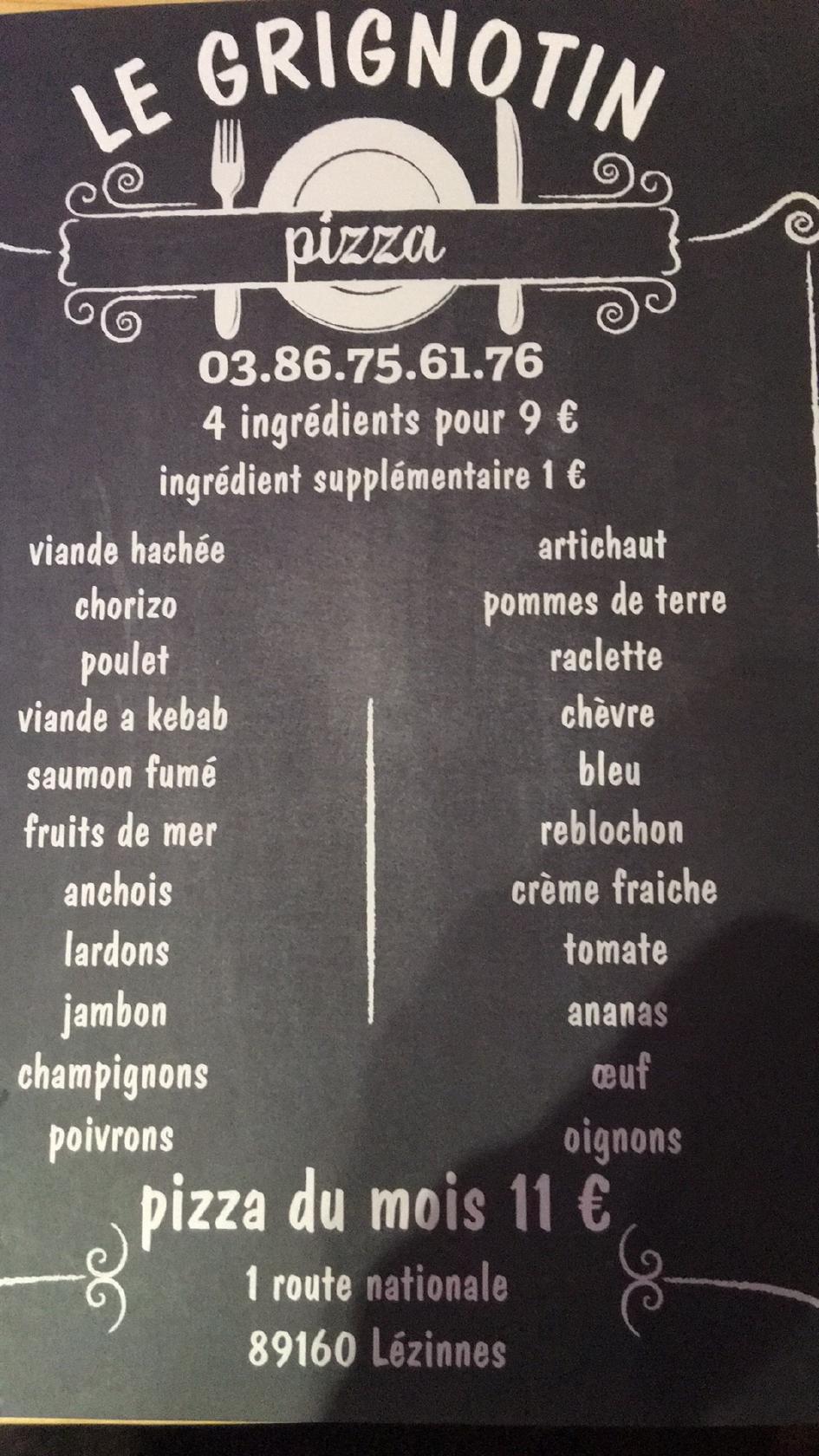 Menu at LE GRIGNOTIN restaurant, Lézinnes