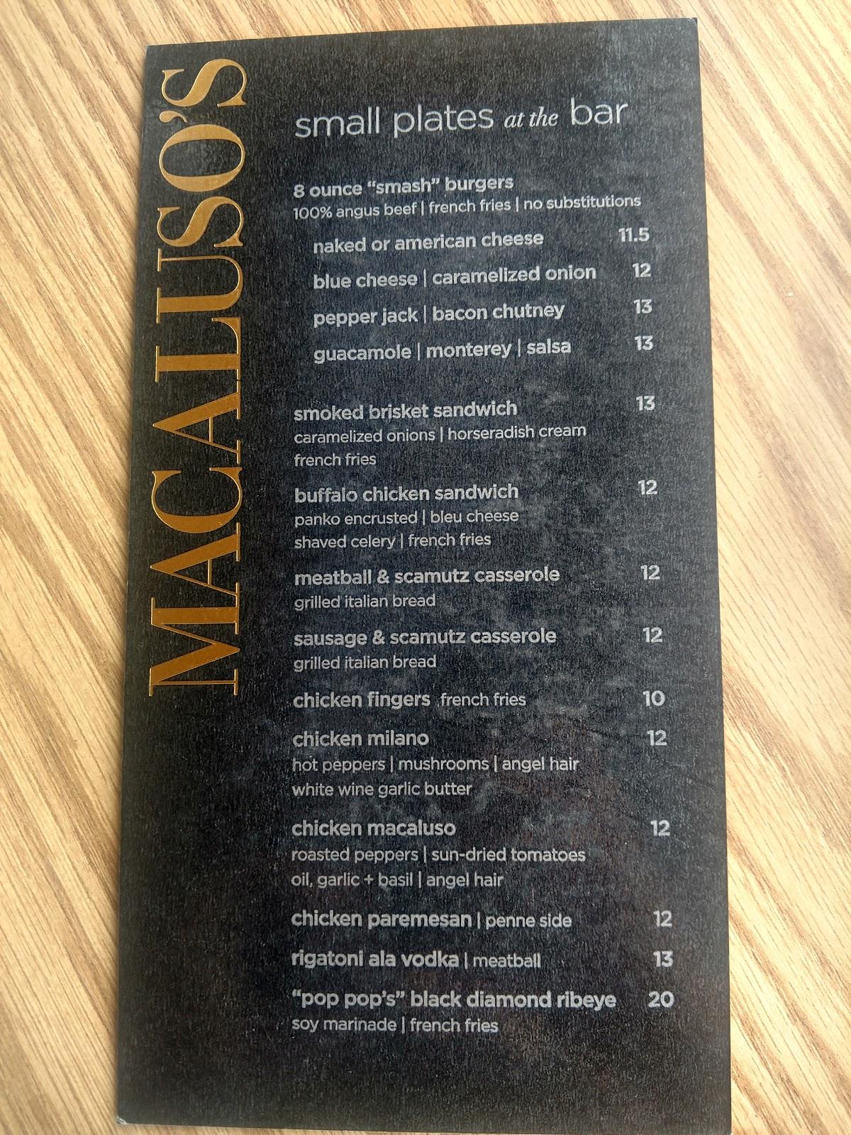 Menu at Macaluso's restaurant, Nesquehoning