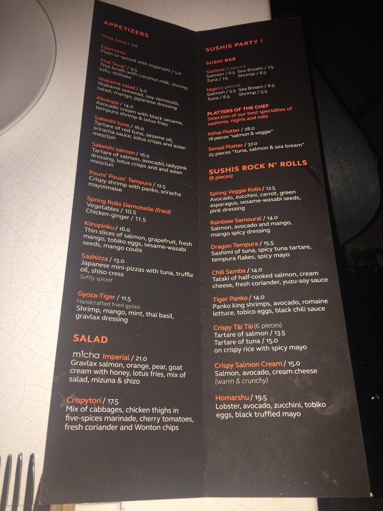 Menu at Miss Kô restaurant, Paris