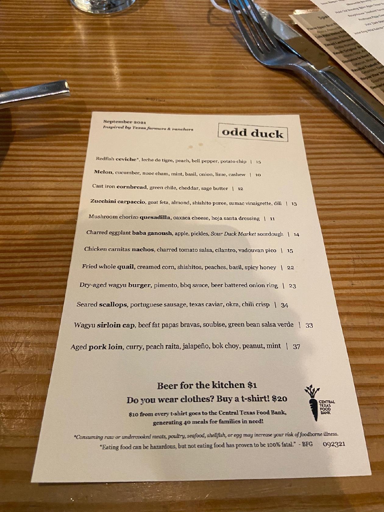 Menu at Odd Duck pub & bar, Austin