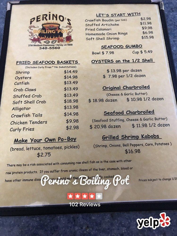Menu at Perino's Boiling Pot restaurant, Harvey