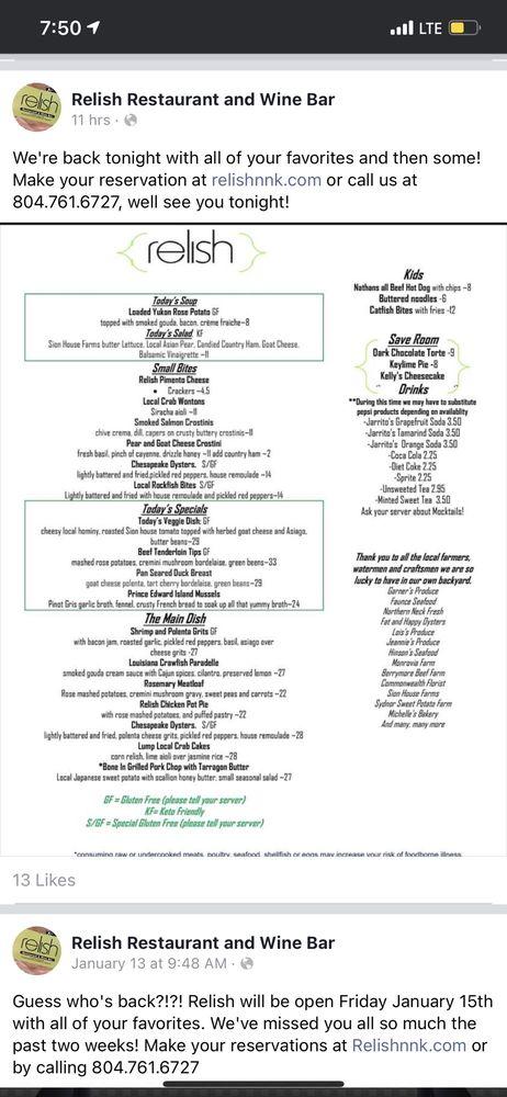 Menu at Relish Restaurant and Wine Bar, Warsaw